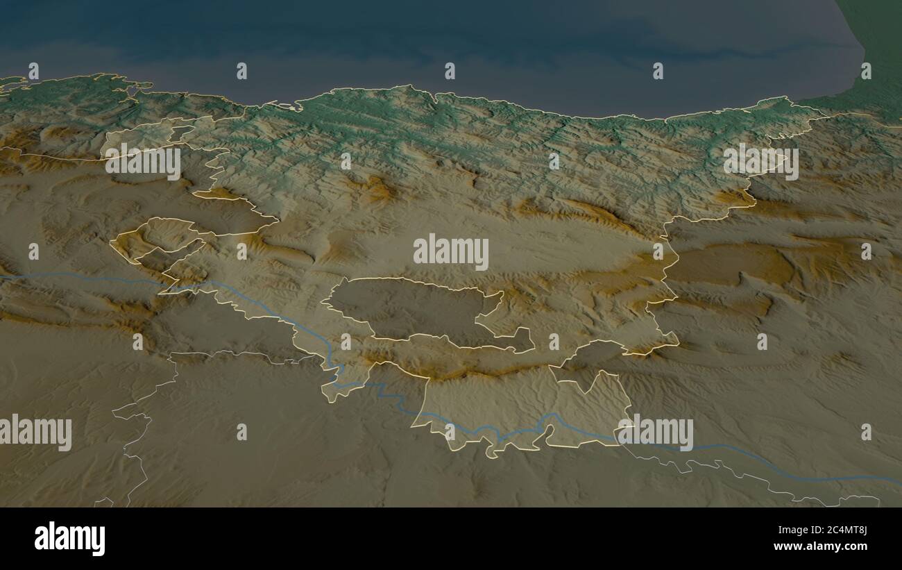Zoom in on País Vasco (autonomous community of Spain) outlined. Oblique ...
