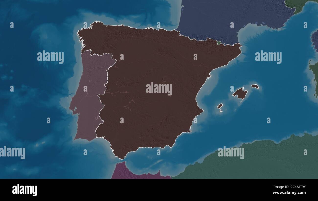 Outlined shape of the Spain area. Colored and bumped map of the ...