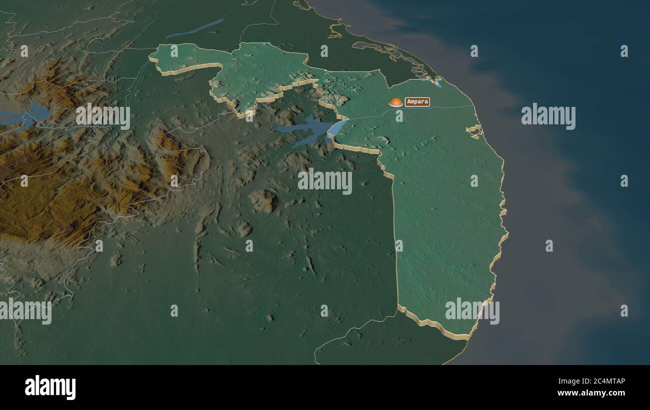 Zoom in on Ampara (district of Sri Lanka) extruded. Oblique perspective ...