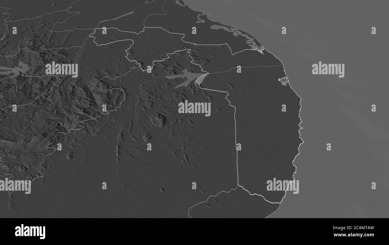 Zoom in on Ampara (district of Sri Lanka) outlined. Oblique perspective ...
