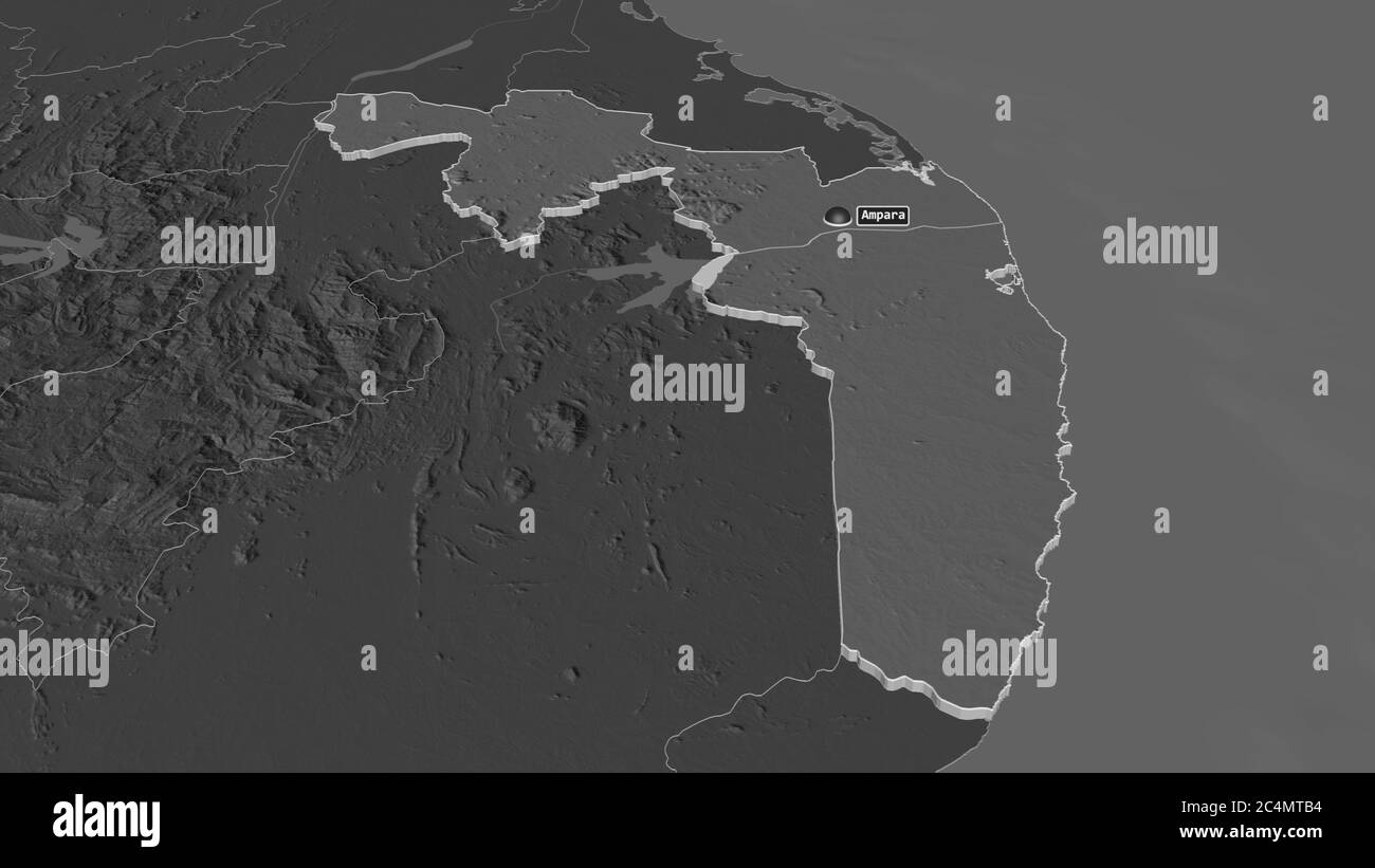 Zoom in on Ampara (district of Sri Lanka) extruded. Oblique perspective ...