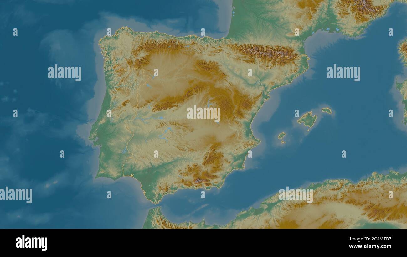 Outlined shape of the Spain area. Topographic relief map with surface ...