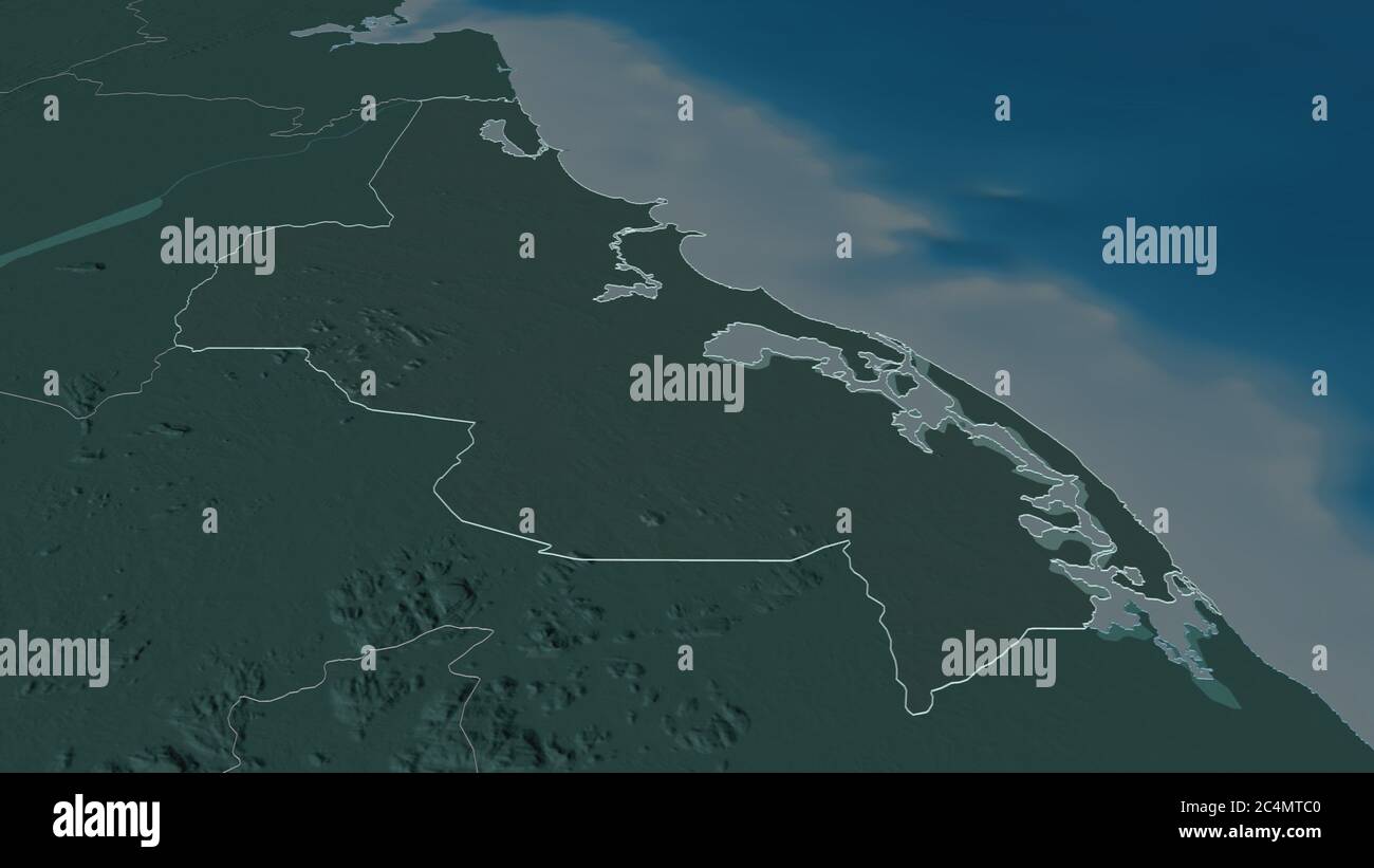 Zoom in on Batticaloa (district of Sri Lanka) outlined. Oblique ...