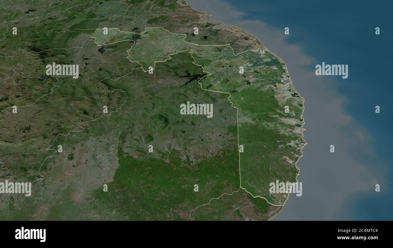Zoom in on Ampara (district of Sri Lanka) outlined. Oblique perspective ...
