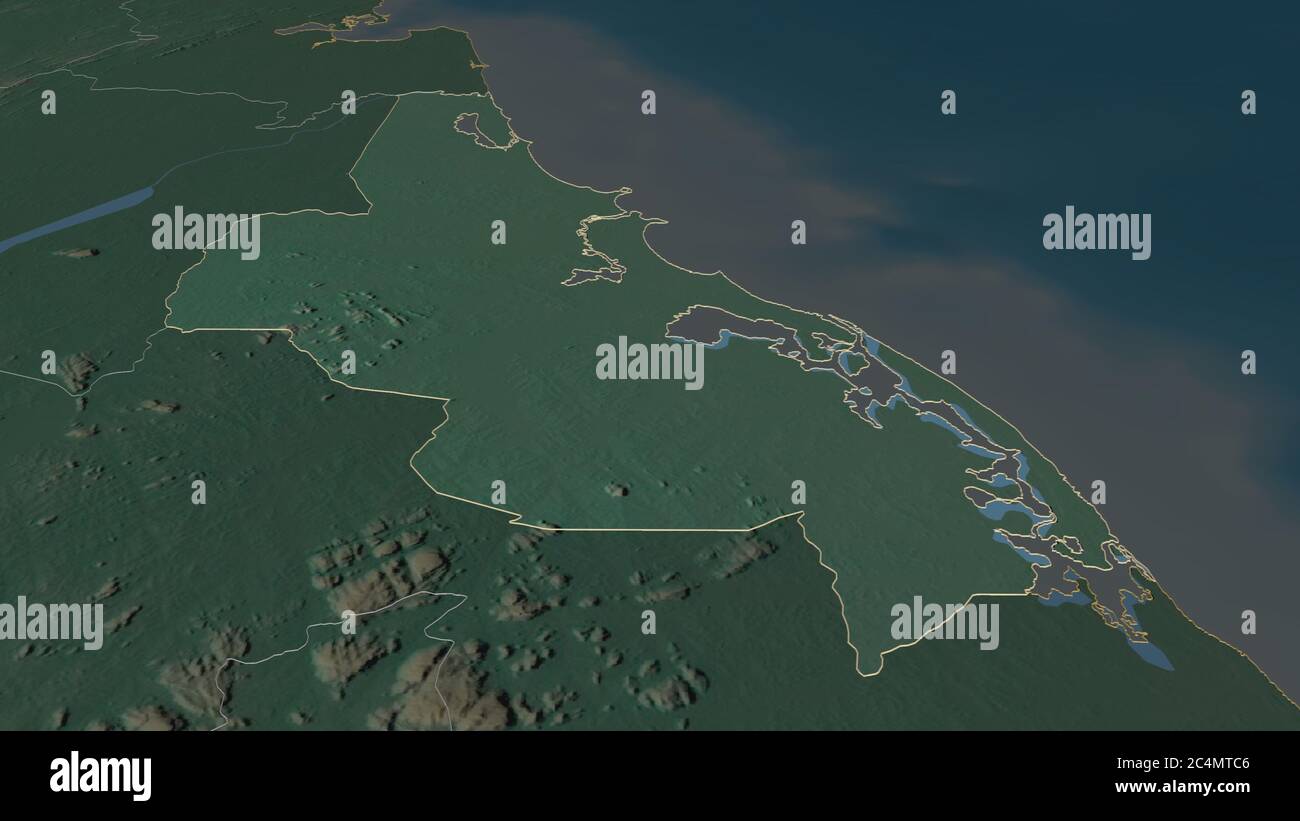 Zoom in on Batticaloa (district of Sri Lanka) outlined. Oblique ...