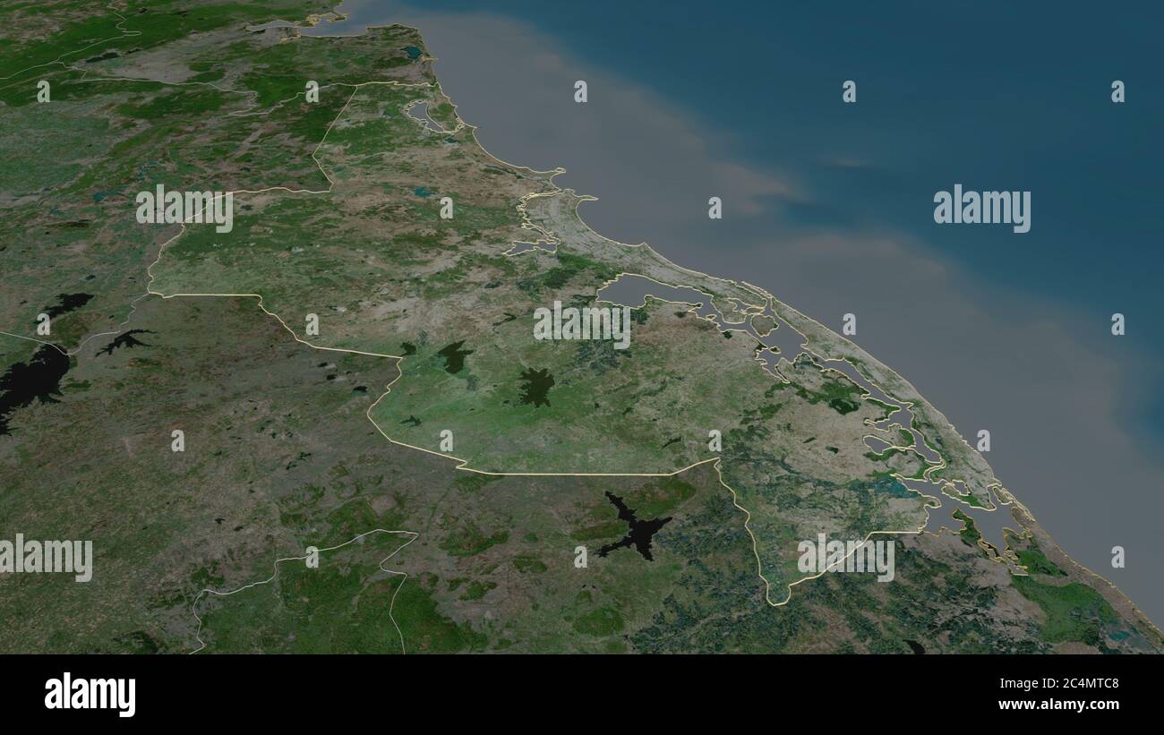 Zoom in on Batticaloa (district of Sri Lanka) outlined. Oblique ...