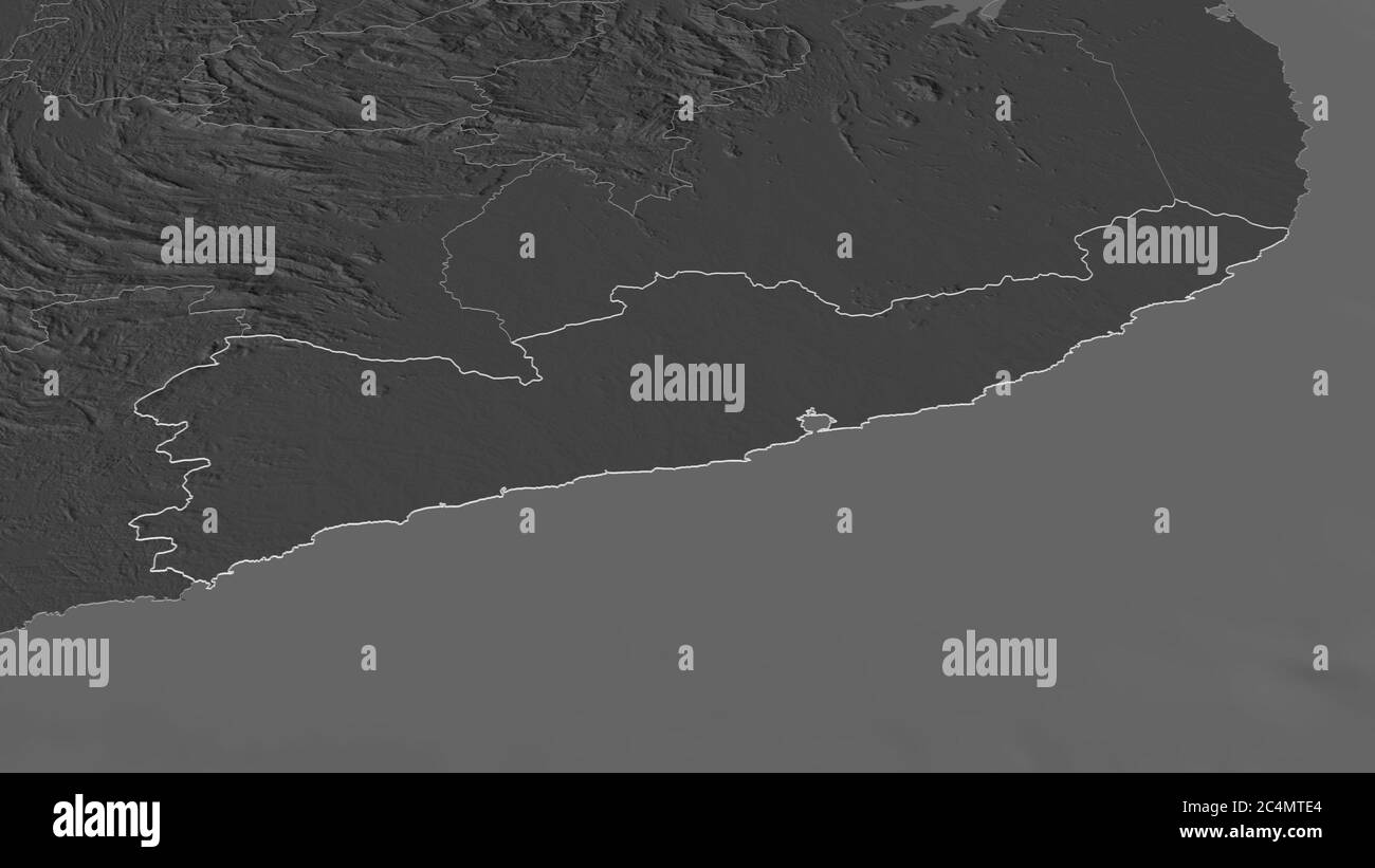 Zoom in on Hambantota (district of Sri Lanka) outlined. Oblique ...