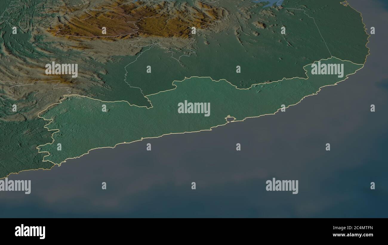 Zoom in on Hambantota (district of Sri Lanka) outlined. Oblique ...