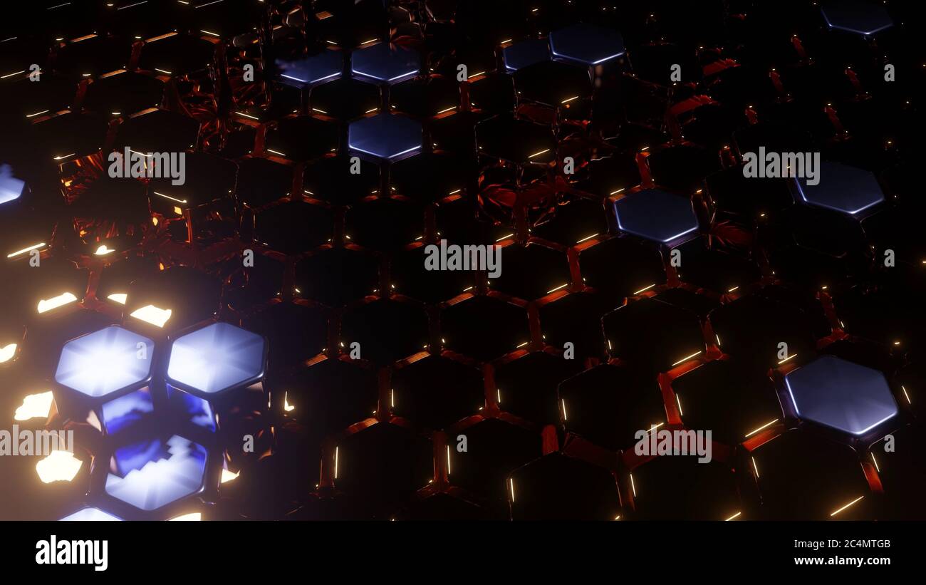 3D rendering illustration of blue and gold honeycomb pattern ...