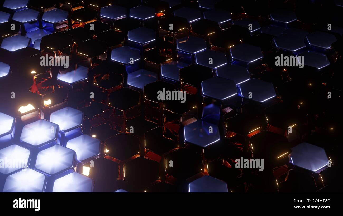 3D rendering illustration of blue and gold honeycomb pattern ...