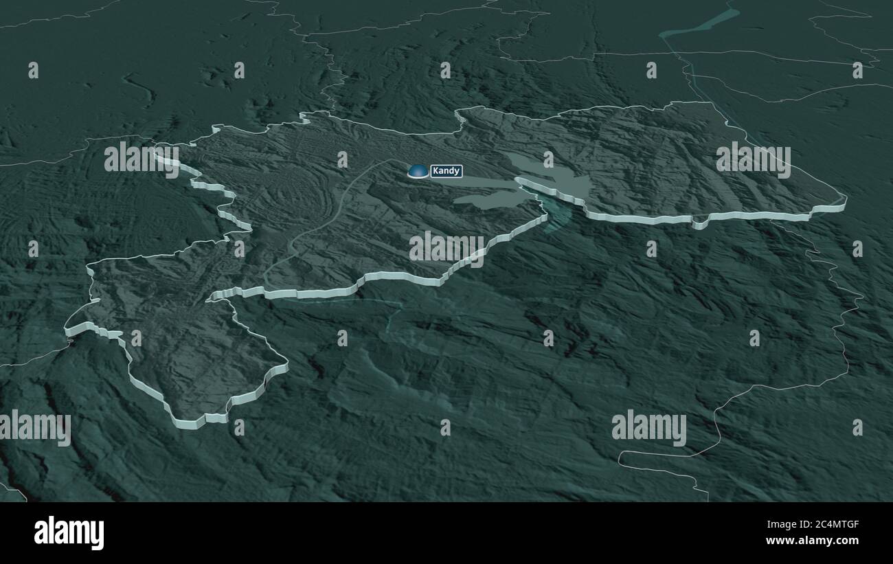 Zoom in on Kandy (district of Sri Lanka) extruded. Oblique perspective ...