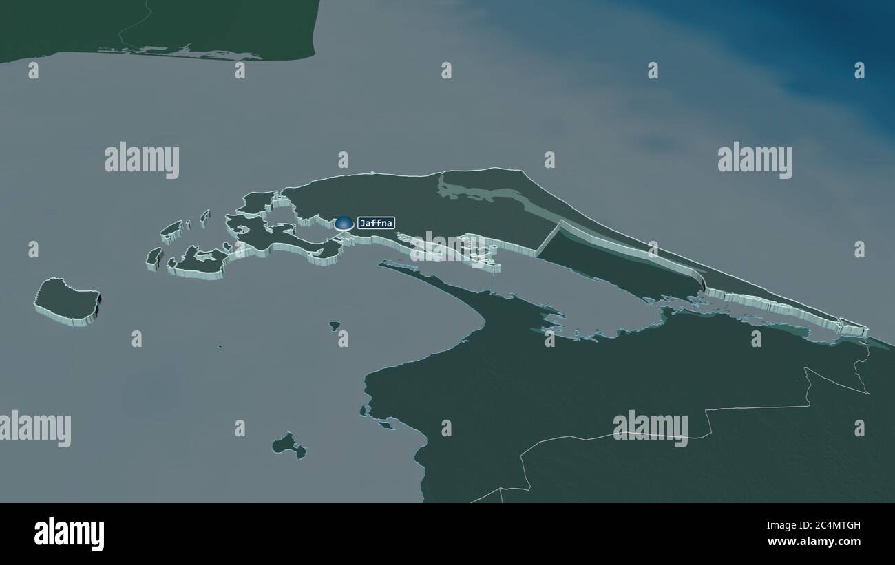 Zoom in on Jaffna (district of Sri Lanka) extruded. Oblique perspective ...