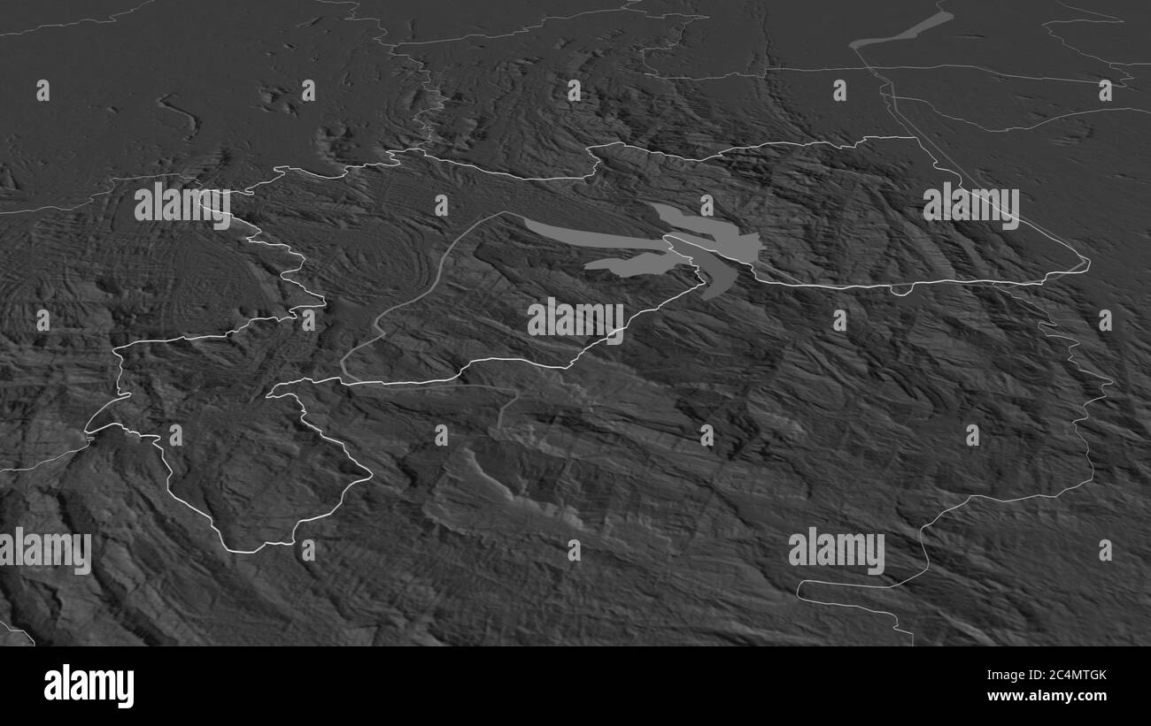 Zoom in on Kandy (district of Sri Lanka) outlined. Oblique perspective ...