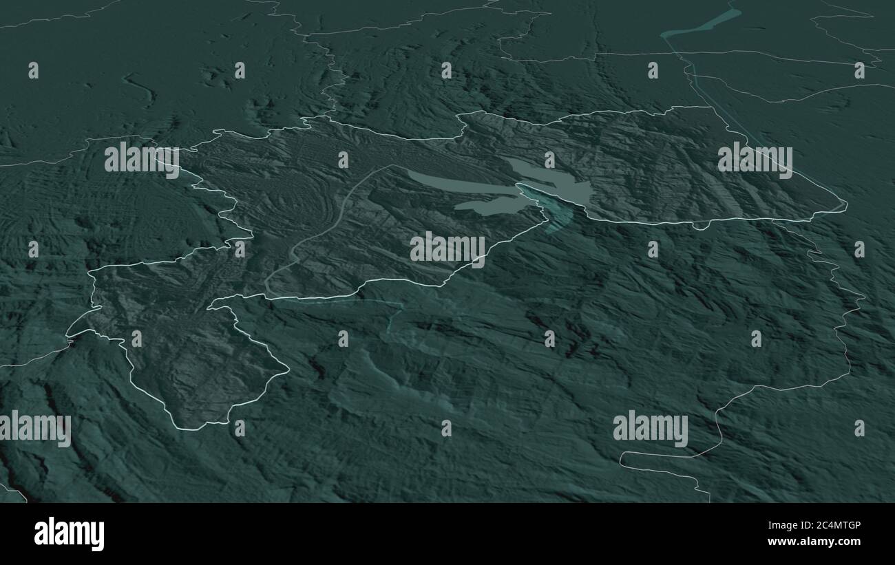 Zoom in on Kandy (district of Sri Lanka) outlined. Oblique perspective ...
