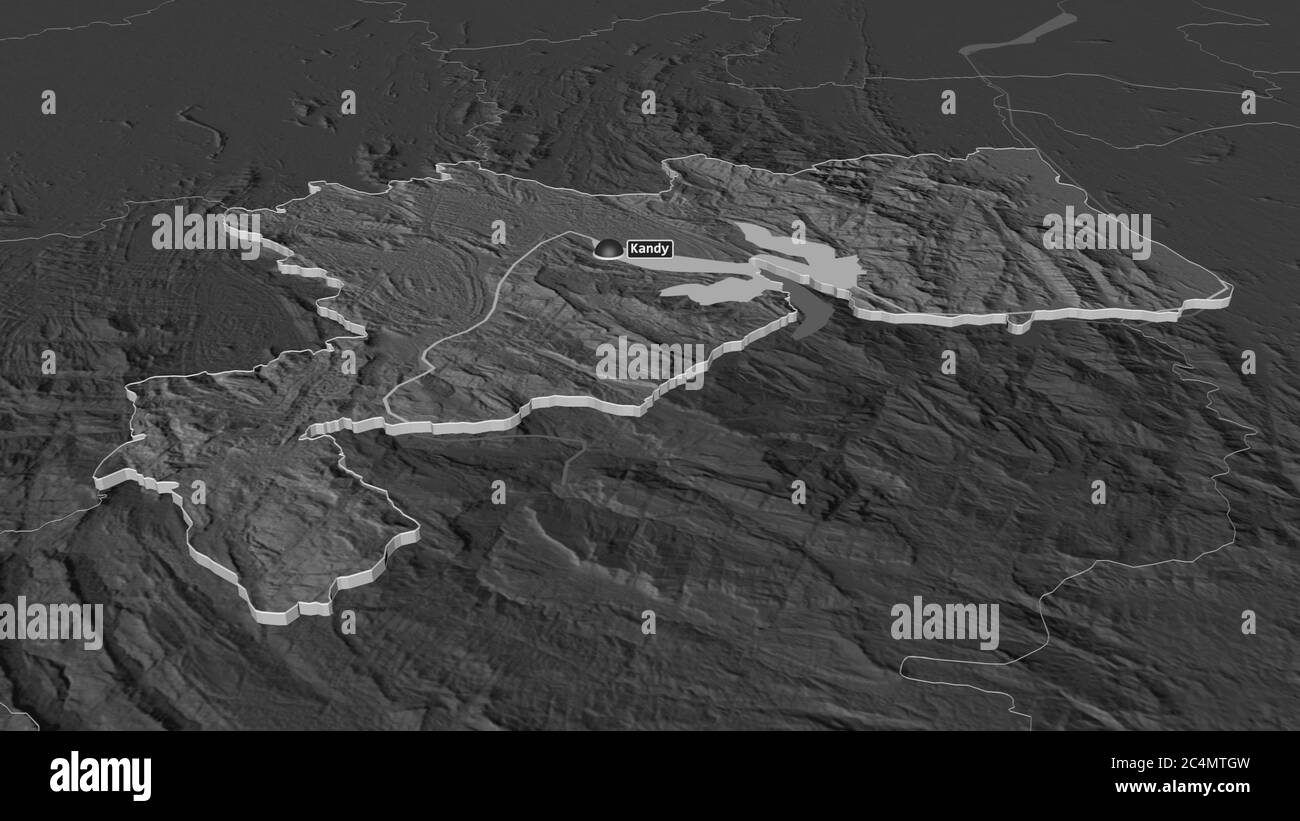 Zoom in on Kandy (district of Sri Lanka) extruded. Oblique perspective ...