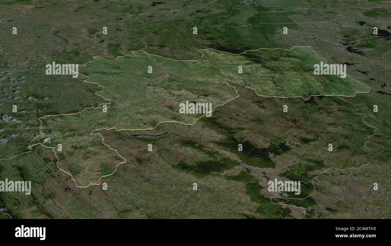 Zoom in on Kandy (district of Sri Lanka) outlined. Oblique perspective ...