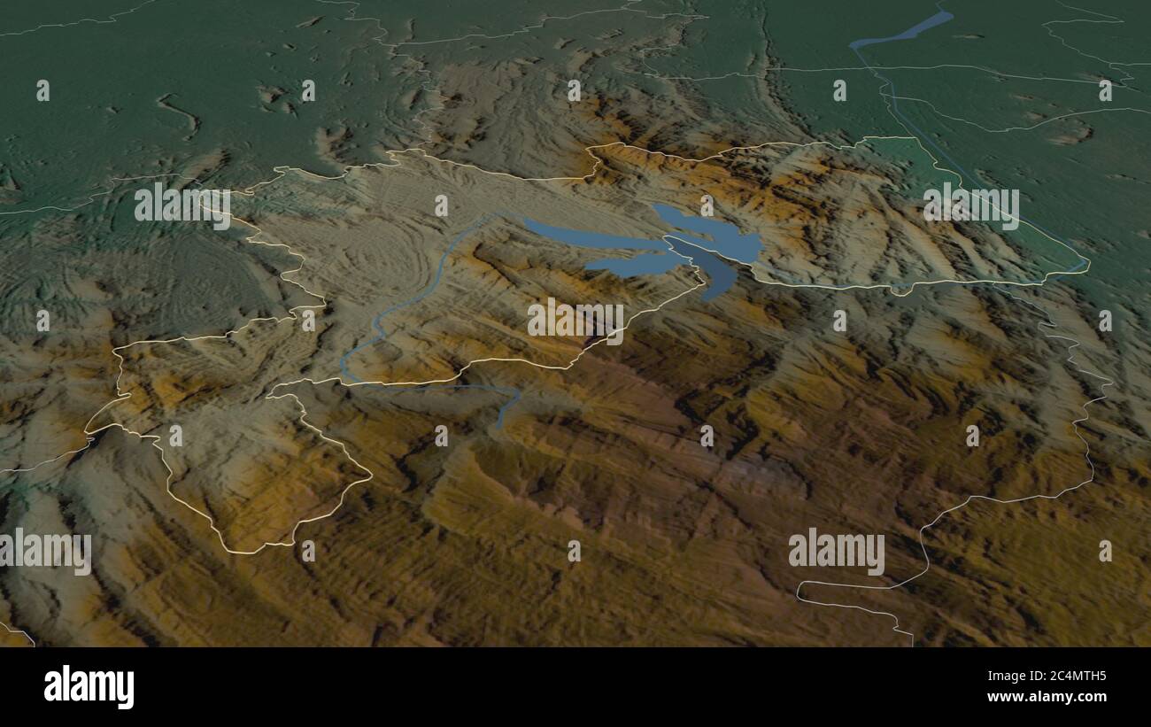 Zoom in on Kandy (district of Sri Lanka) outlined. Oblique perspective ...