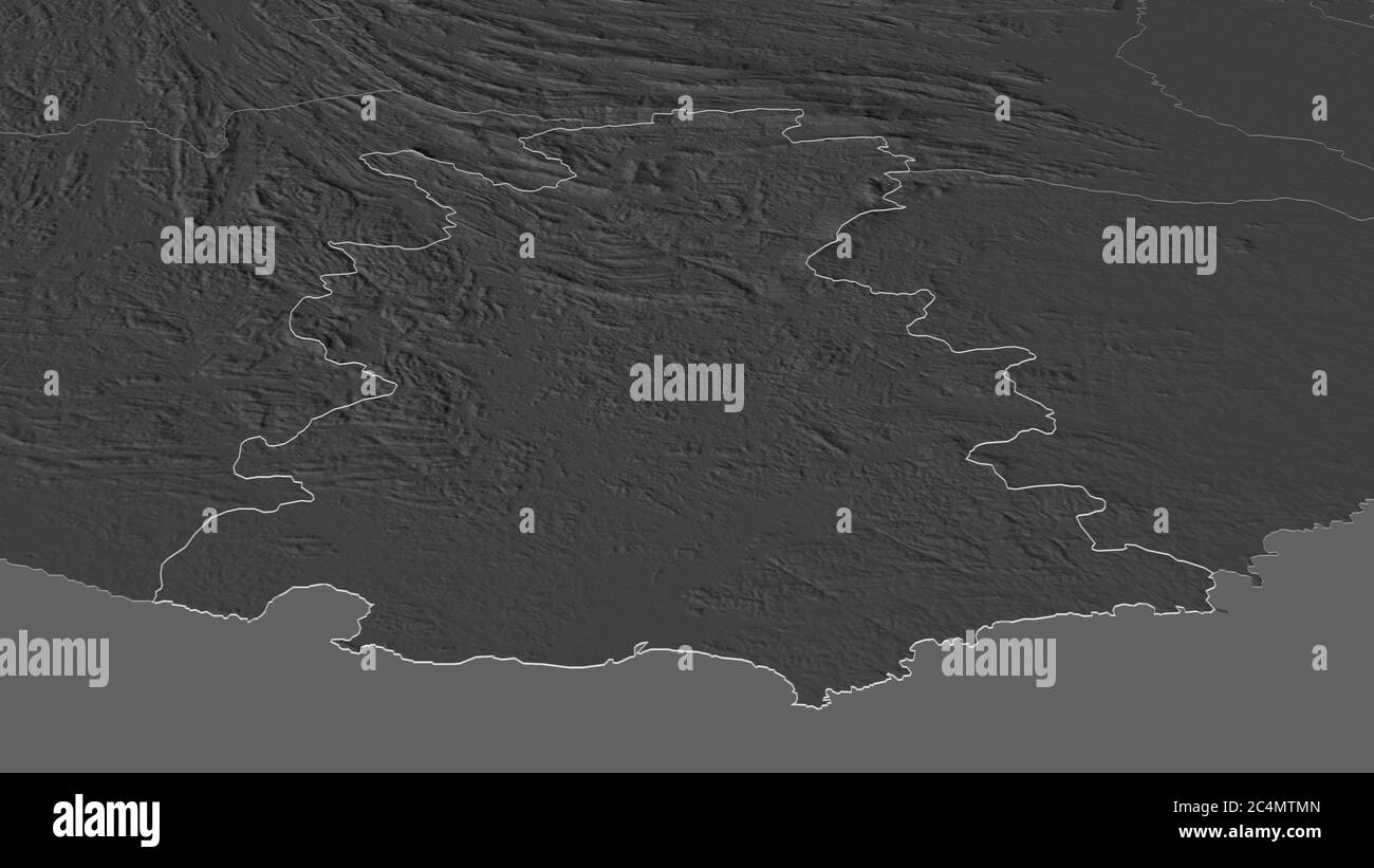 Zoom in on Matara (district of Sri Lanka) outlined. Oblique perspective ...