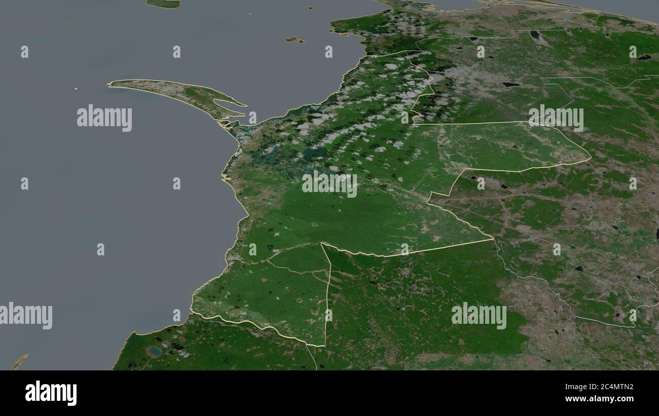 Zoom in on Mannar (district of Sri Lanka) outlined. Oblique perspective ...
