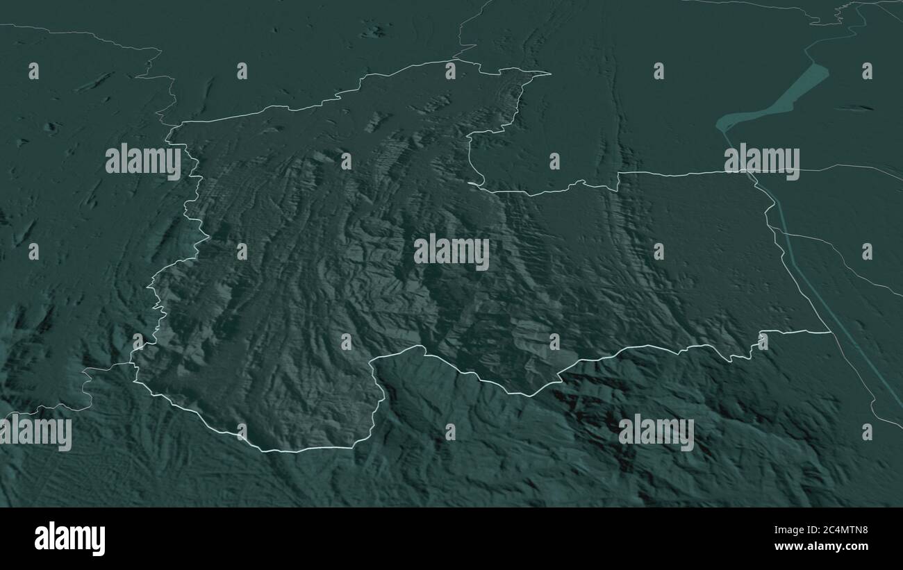 Zoom in on Matale (district of Sri Lanka) outlined. Oblique perspective ...