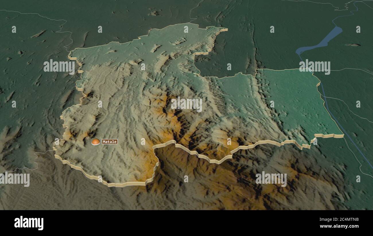 Zoom in on Matale (district of Sri Lanka) extruded. Oblique perspective ...