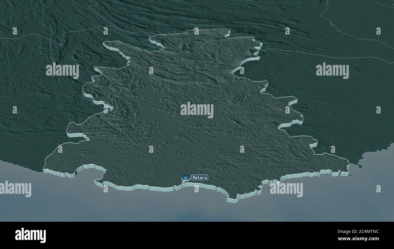 Zoom in on Matara (district of Sri Lanka) extruded. Oblique perspective ...