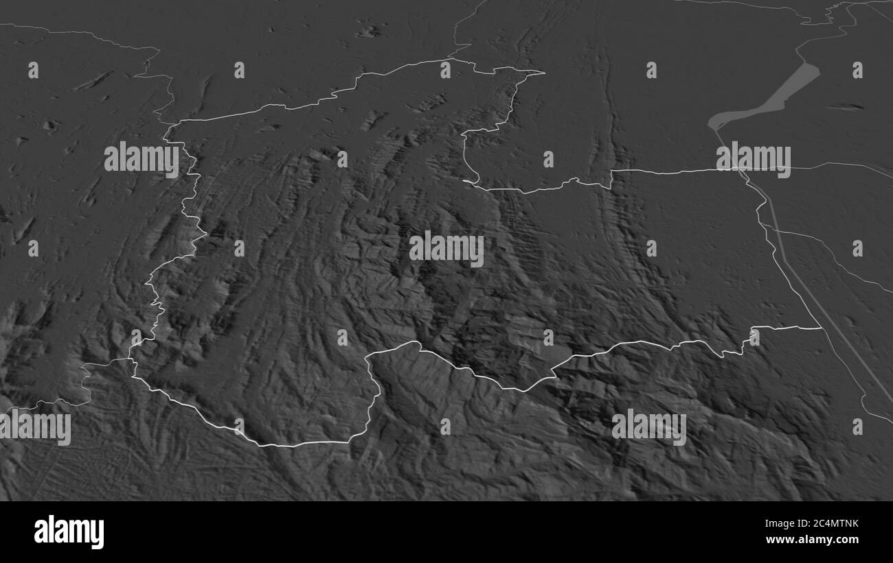 Zoom in on Matale (district of Sri Lanka) outlined. Oblique perspective ...