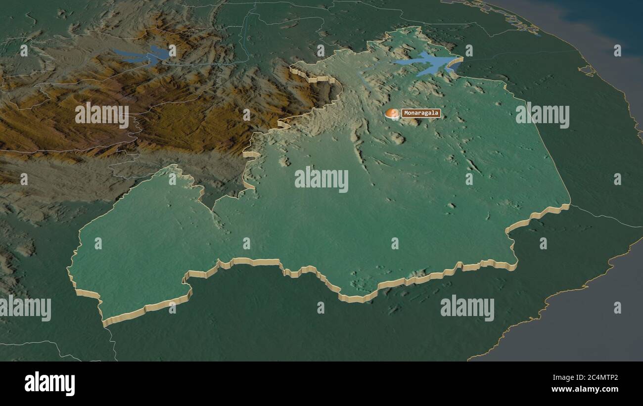 Zoom in on Moneragala (district of Sri Lanka) extruded. Oblique ...