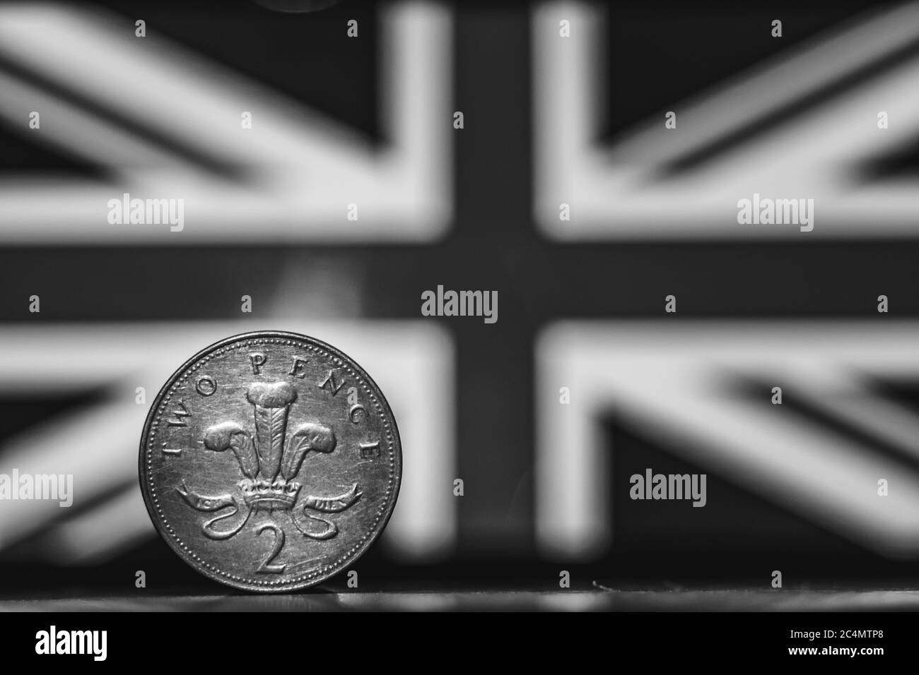 British coin 2 pence (2001) monochrome isolated on (UK) United kingdom ...