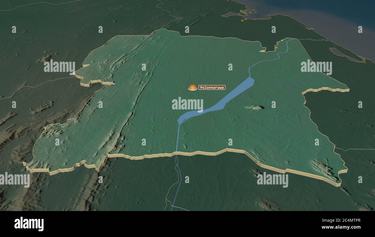 Zoom in on Polonnaruwa (district of Sri Lanka) extruded. Oblique ...