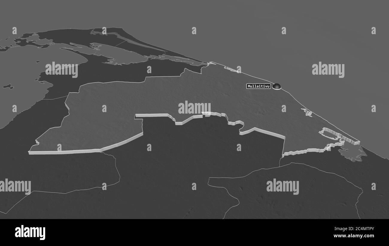 Zoom in on Mullaitivu (district of Sri Lanka) extruded. Oblique ...