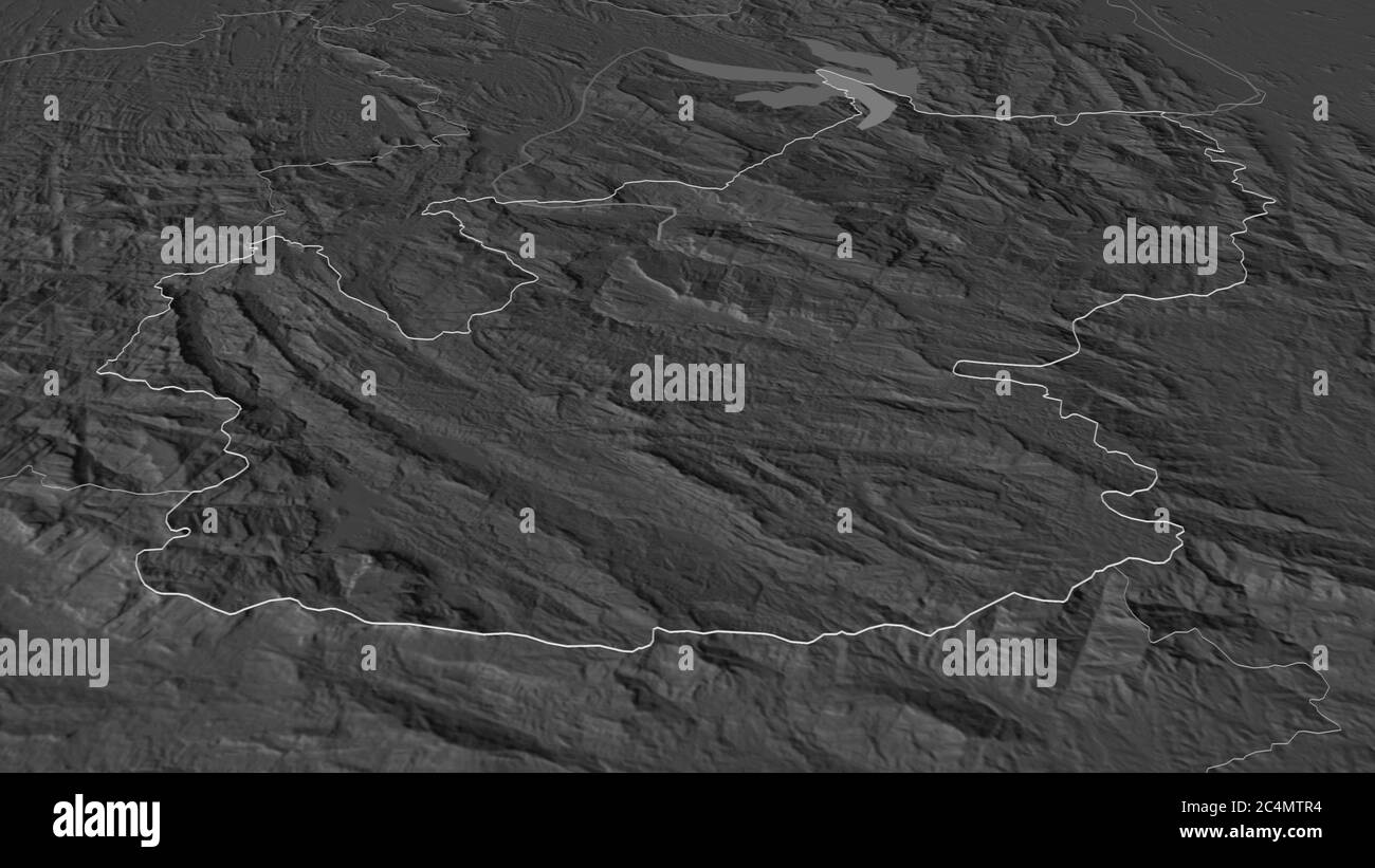 Zoom in on Nuwara Eliya (district of Sri Lanka) outlined. Oblique ...