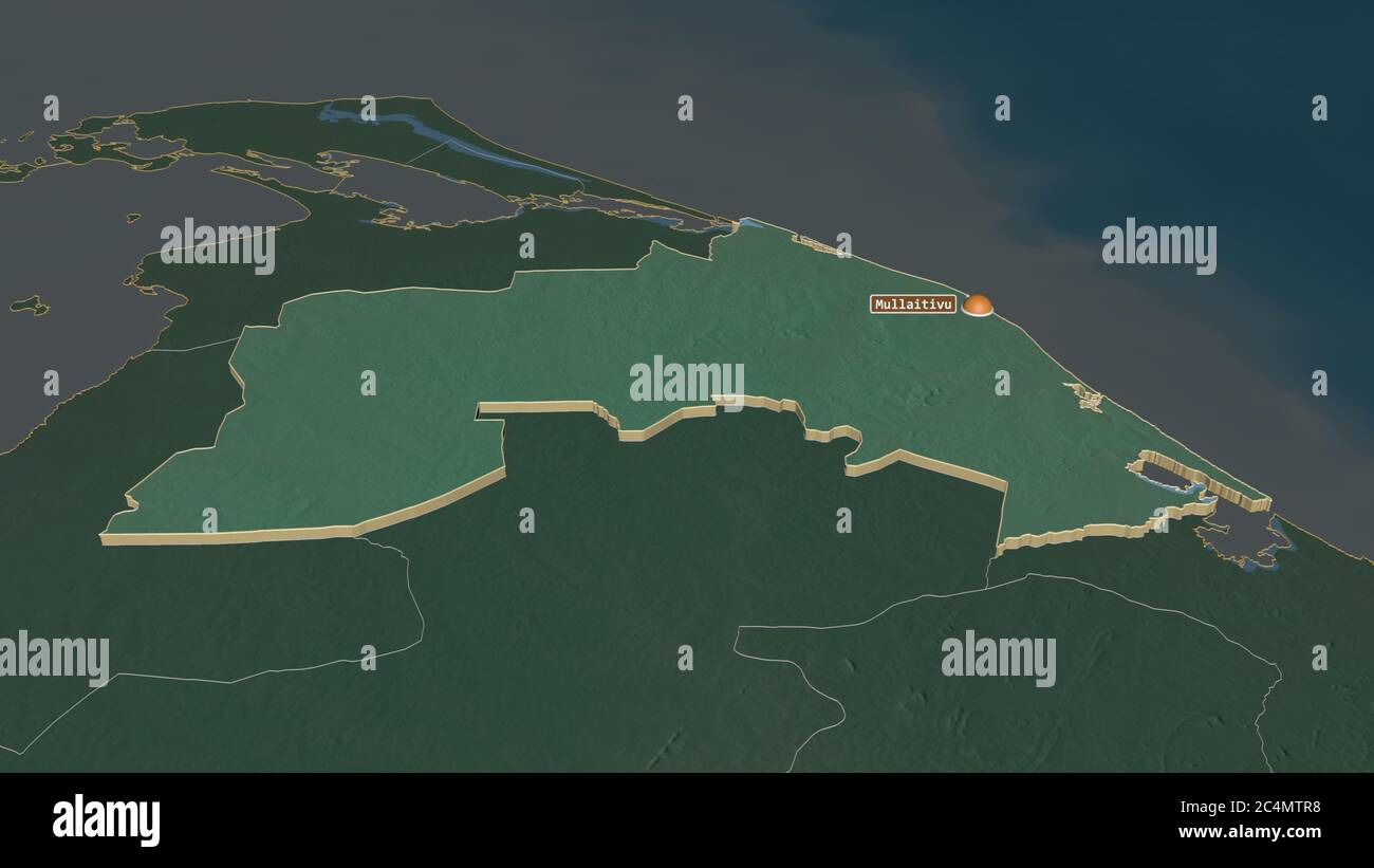 Zoom in on Mullaitivu (district of Sri Lanka) extruded. Oblique ...