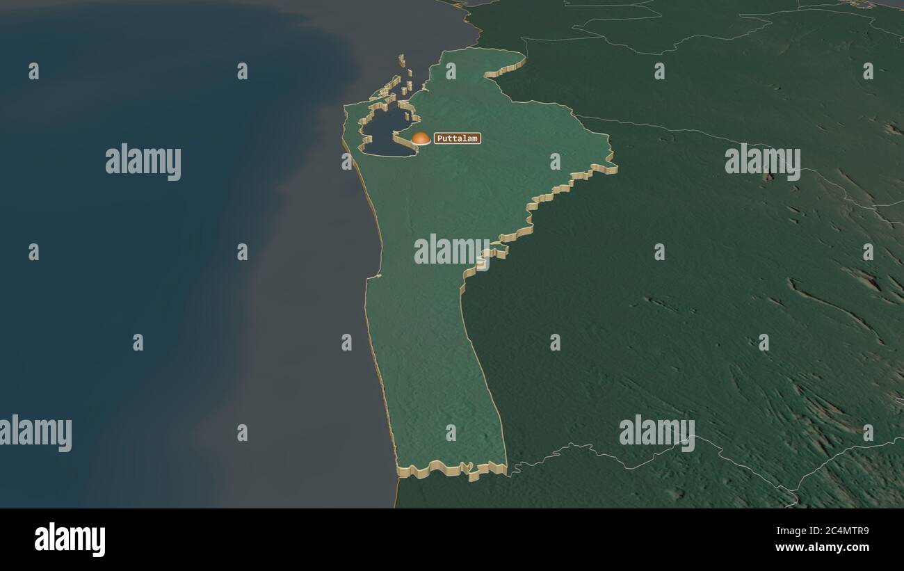 Zoom in on Puttalam (district of Sri Lanka) extruded. Oblique ...