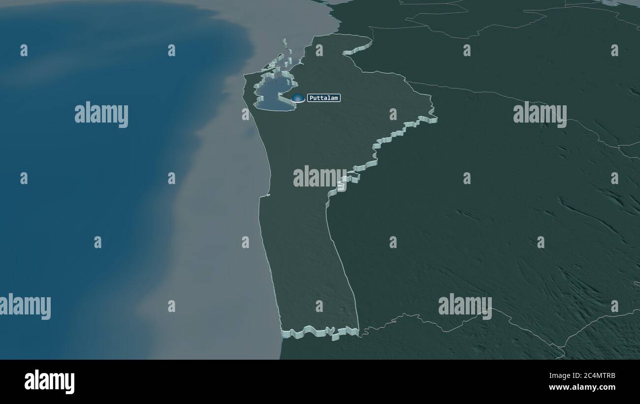 Zoom in on Puttalam (district of Sri Lanka) extruded. Oblique ...