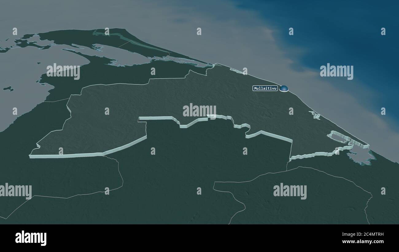 Zoom in on Mullaitivu (district of Sri Lanka) extruded. Oblique ...