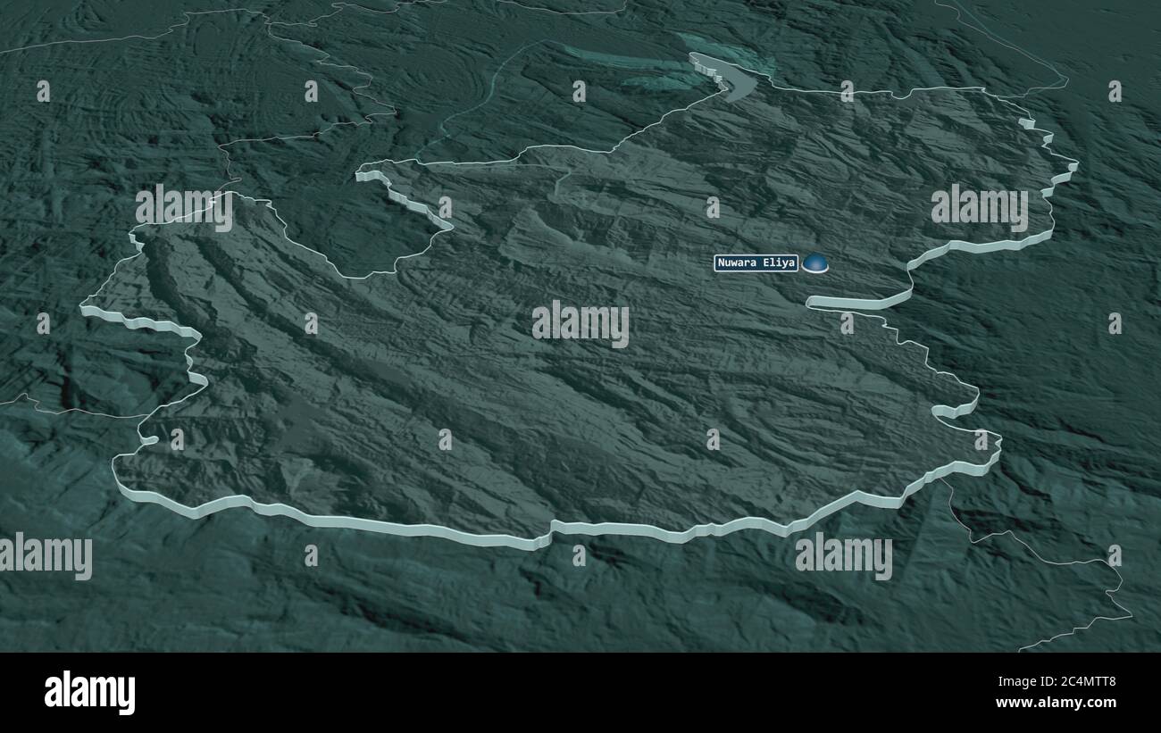 Zoom in on Nuwara Eliya (district of Sri Lanka) extruded. Oblique ...