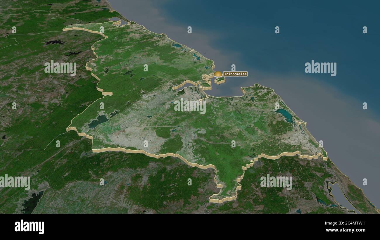 Zoom in on Trincomalee (district of Sri Lanka) extruded. Oblique ...