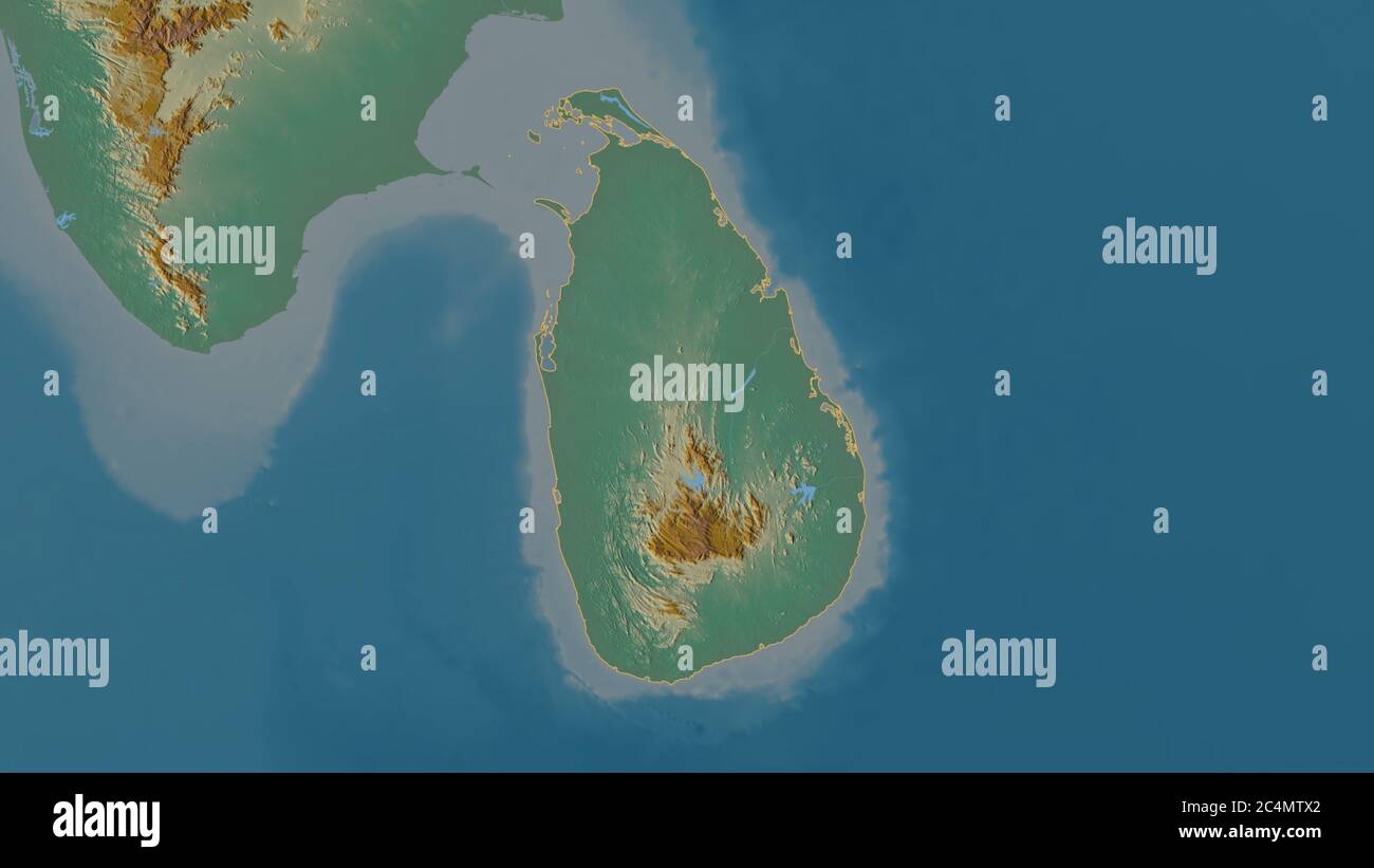 Outlined shape of the Sri Lanka area. Topographic relief map with surface waters. 3D rendering ...