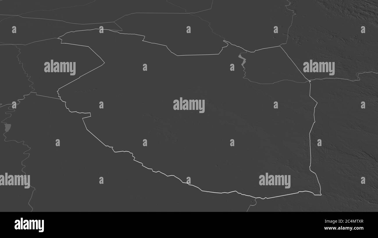 Zoom in on Al Qadarif (state of Sudan) outlined. Oblique perspective ...