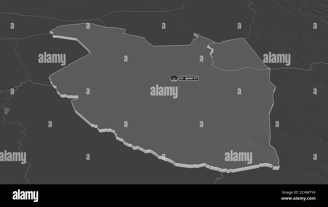 Zoom in on Al Qadarif (state of Sudan) extruded. Oblique perspective ...