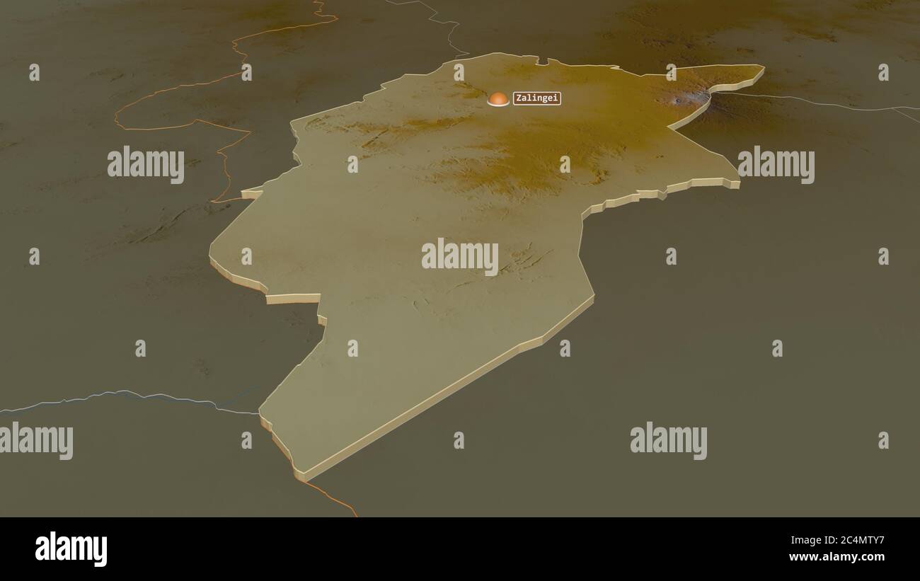 Zoom in on Central Darfur (state of Sudan) extruded. Oblique ...