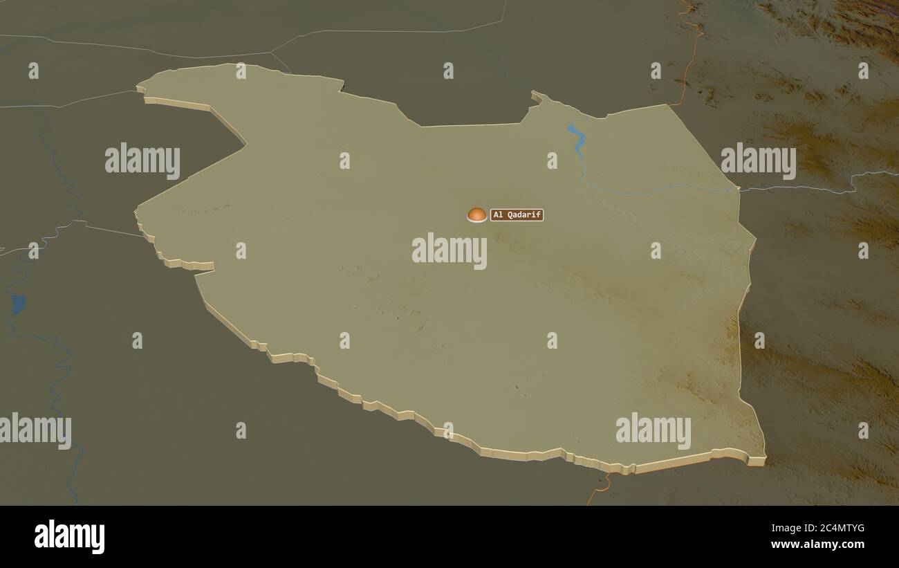 Zoom in on Al Qadarif (state of Sudan) extruded. Oblique perspective ...