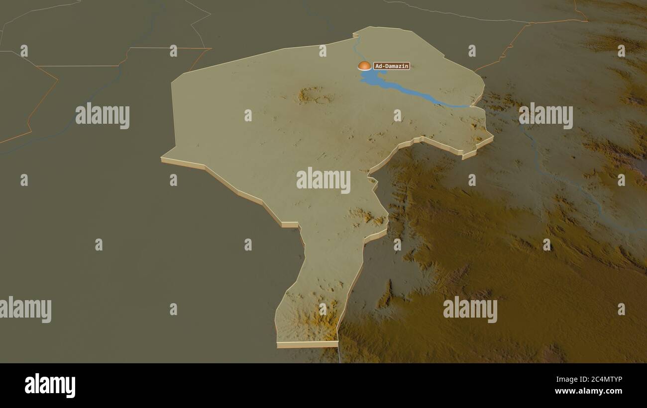 Zoom in on Blue Nile (state of Sudan) extruded. Oblique perspective ...