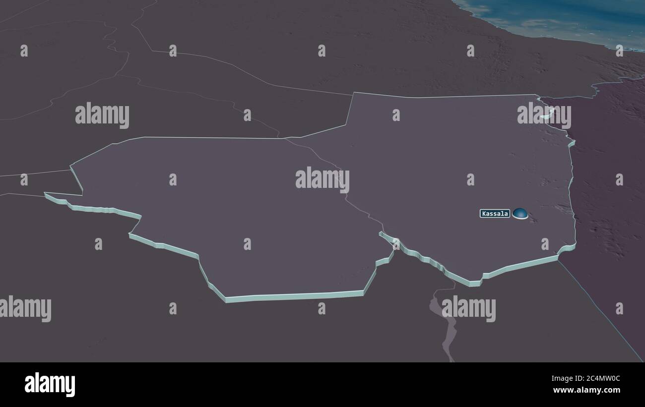 Zoom in on Kassala (state of Sudan) extruded. Oblique perspective ...