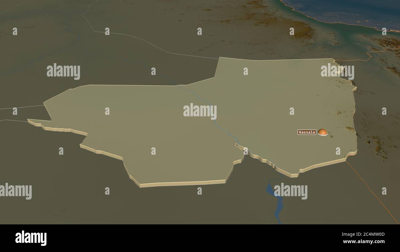 Zoom in on Kassala (state of Sudan) extruded. Oblique perspective ...