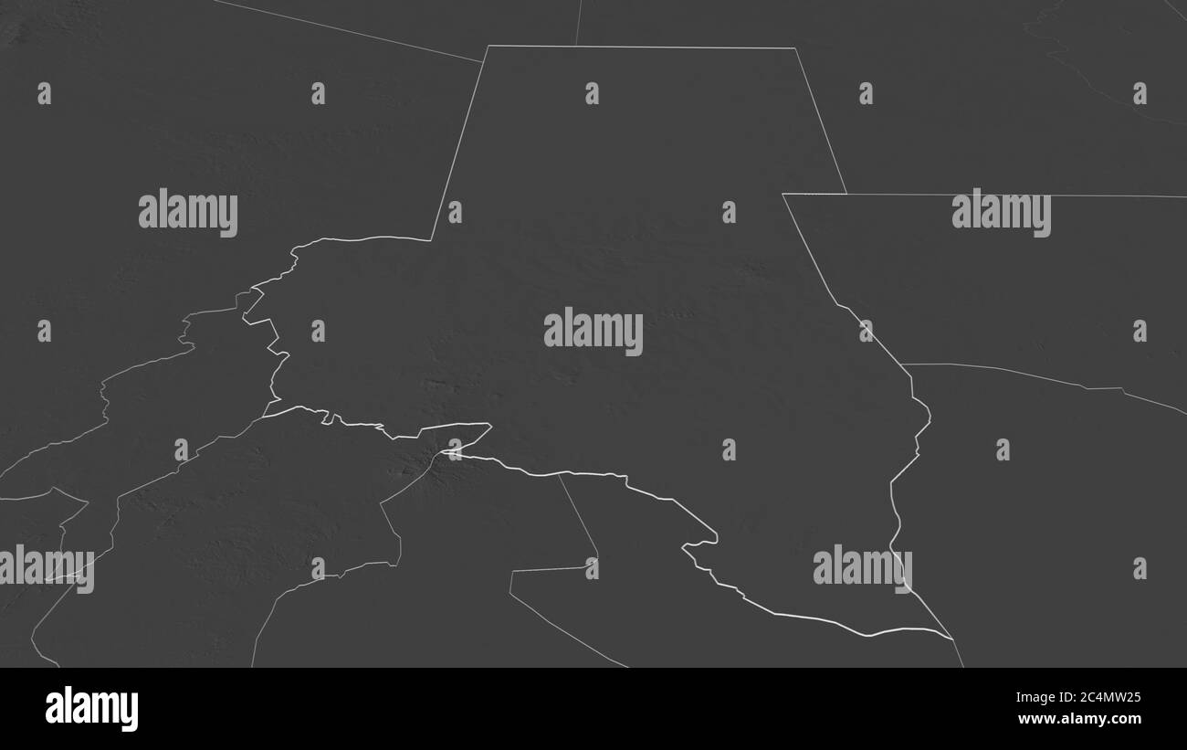 Zoom in on North Darfur (state of Sudan) outlined. Oblique perspective ...