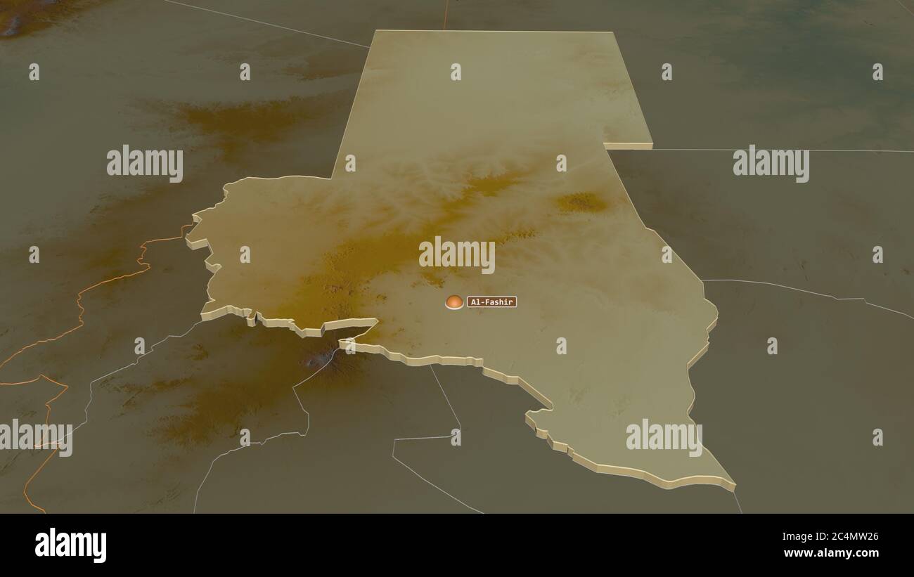 Zoom in on North Darfur (state of Sudan) extruded. Oblique perspective ...