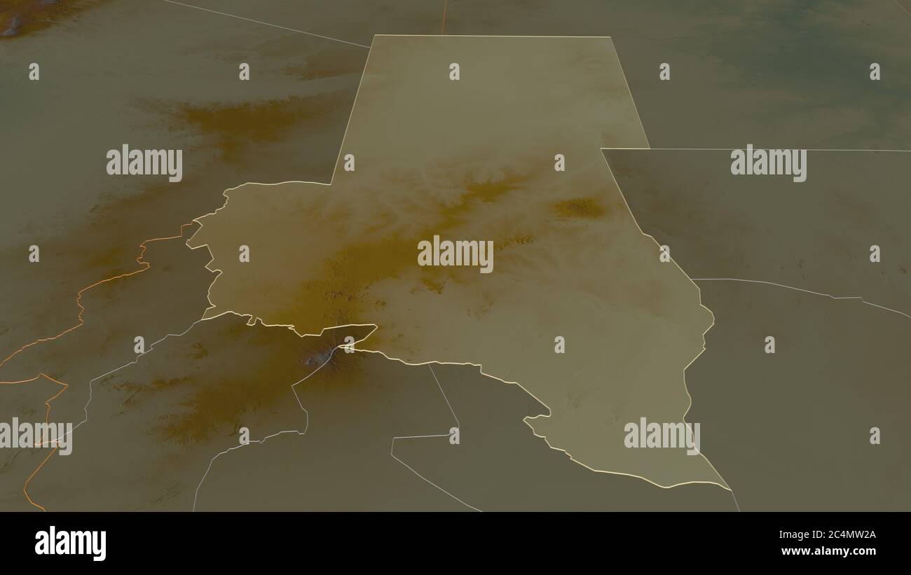 Zoom in on North Darfur (state of Sudan) outlined. Oblique perspective ...