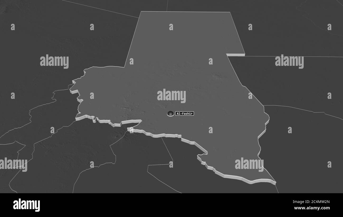 Zoom in on North Darfur (state of Sudan) extruded. Oblique perspective ...